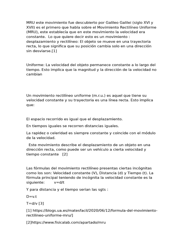 Movimiento Rectilíneo Uniforme (MRU) | PDF