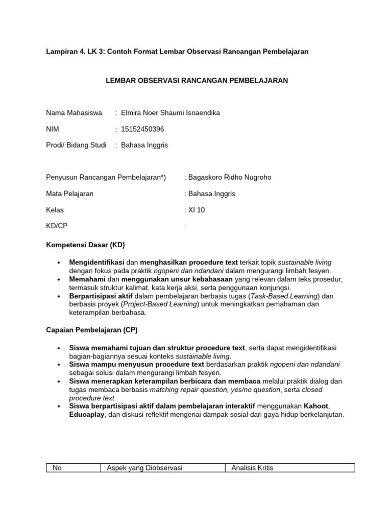 PPL 2 - Siklus 4 - Lampiran 4. LK 3 Contoh Format Lembar Observasi Rancangan Pembelajaran ...