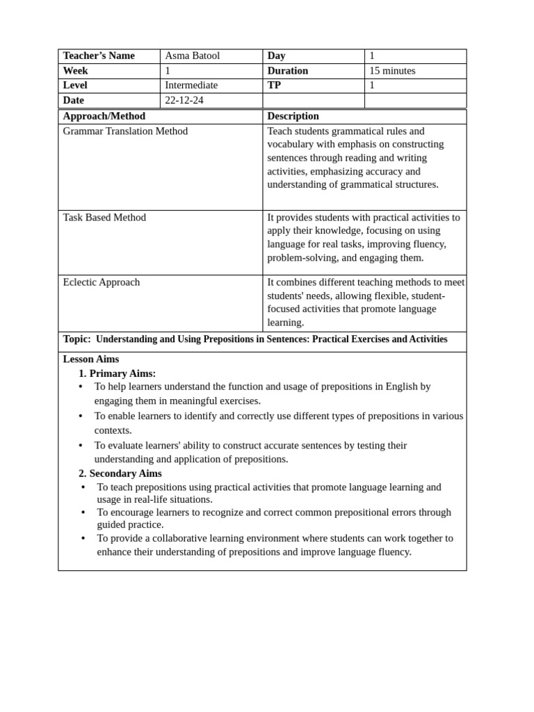 Lesson Plan, Asma Batool | PDF | Learning | English Language