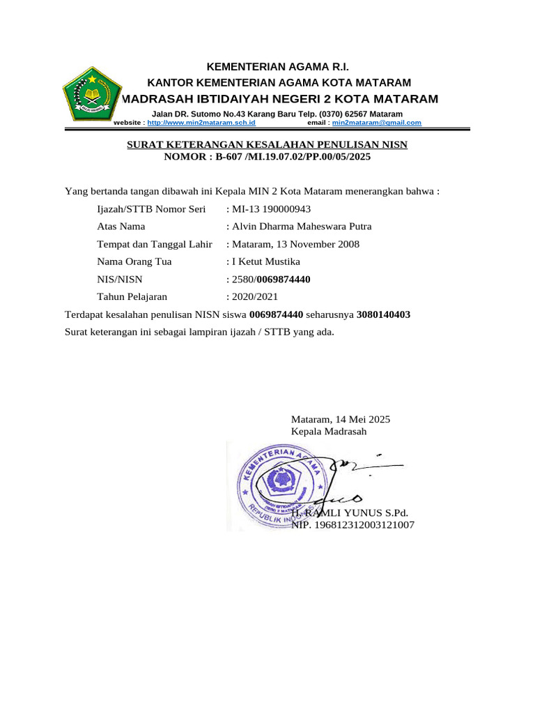 848261364 Surat Keterangan Kesalahan Penulisan Nisn Tahun 2025 | PDF