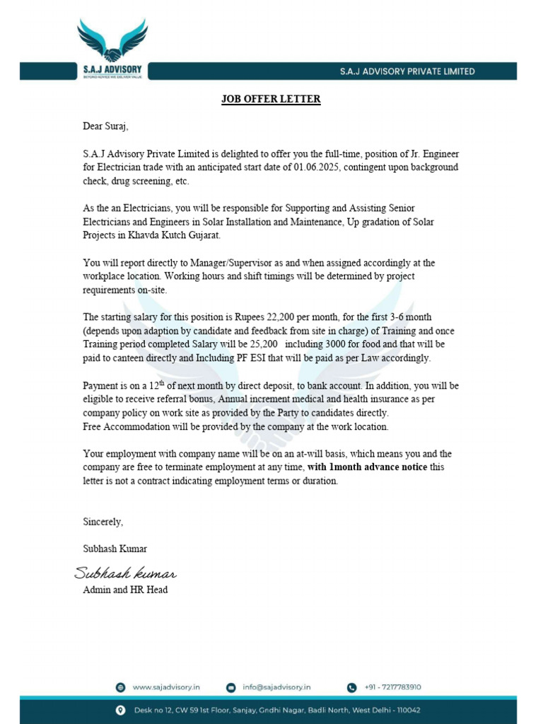 Job Offer Letter For Suraj Kumar Son of Bijendra Prasad | PDF