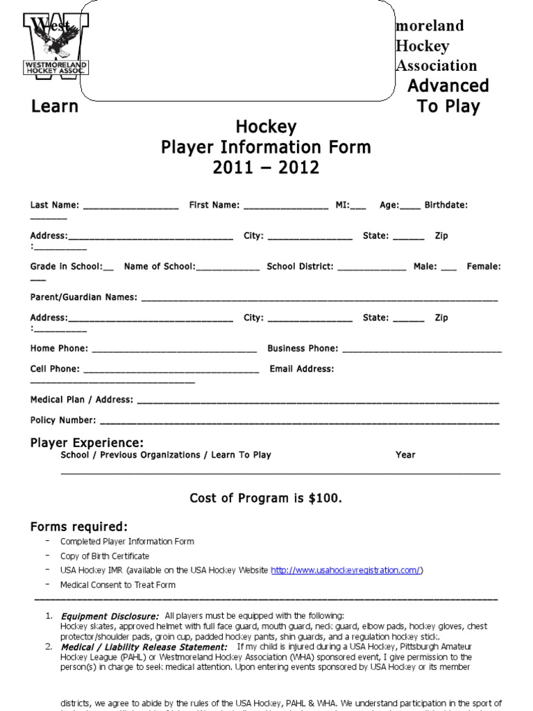 Youth Hockey Registration Form | PDF | Sports & Recreation