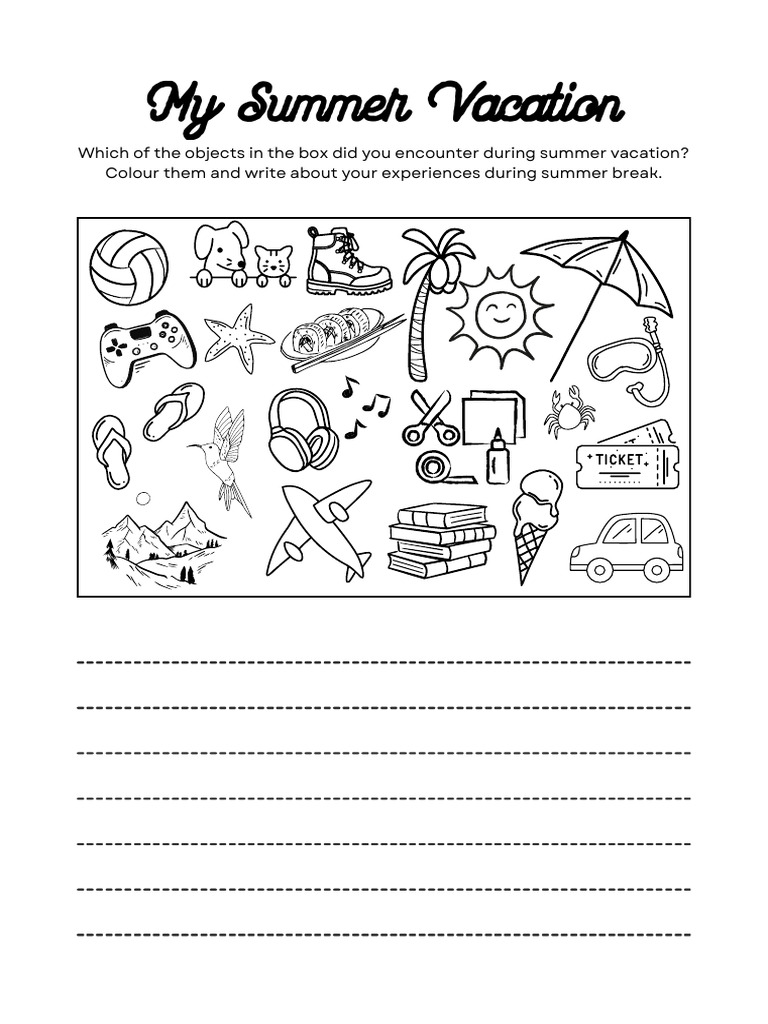 My Summer Vacation Colouring and Writing Worksheet | PDF