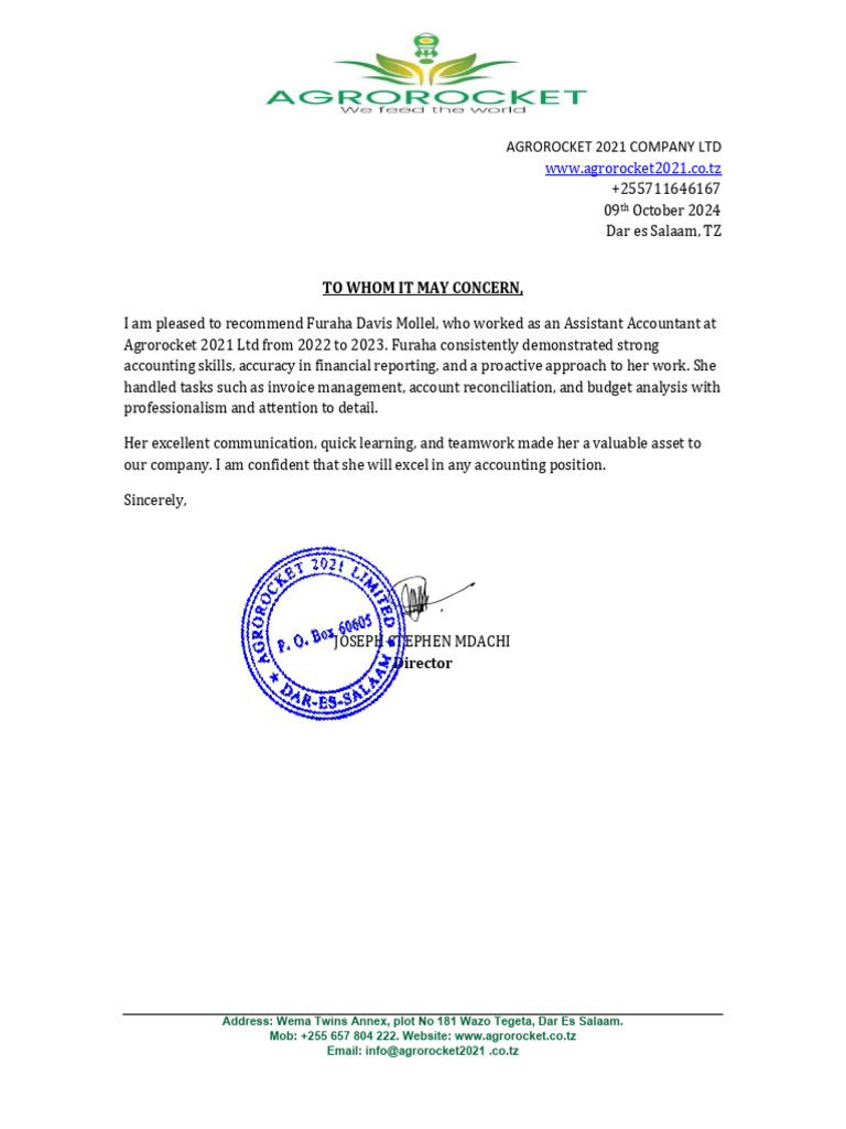 Recommendation for Furaha Mollel | PDF