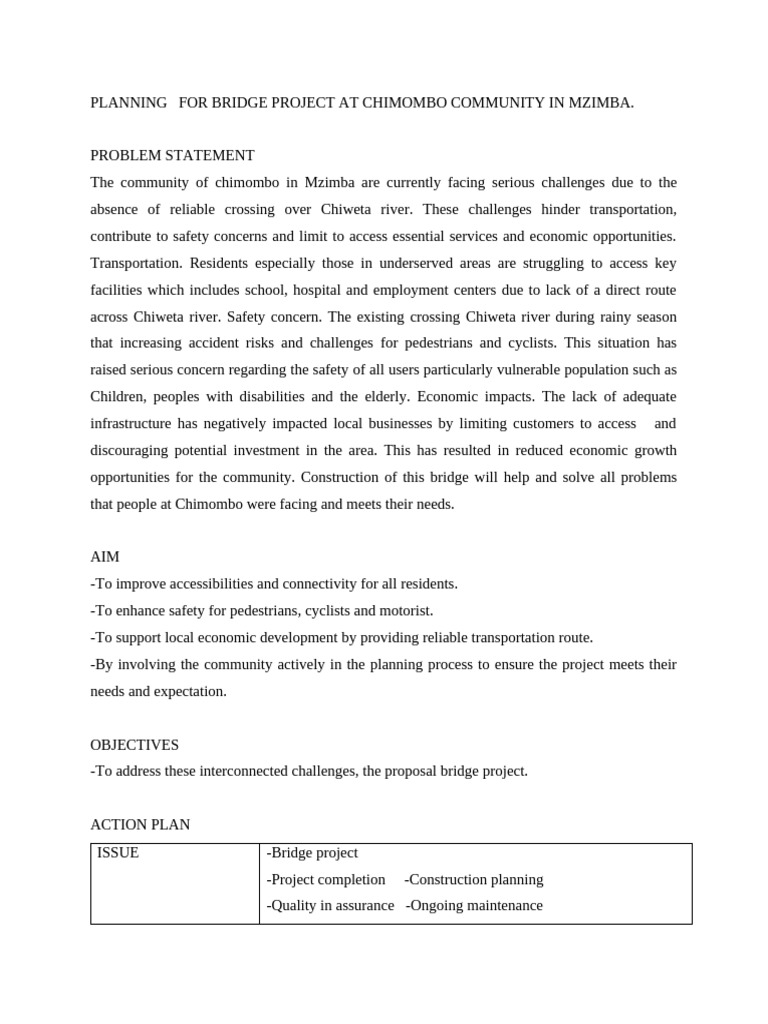 Planning For Bridge Project at Chimombo Community in Mzimba | PDF ...