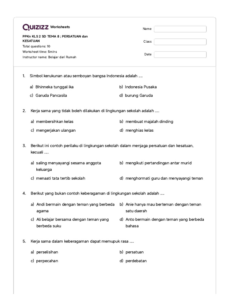 PPKN Kls 2 SD Tema 8 Persatuan Dan Kesatuan - Quizizz | PDF