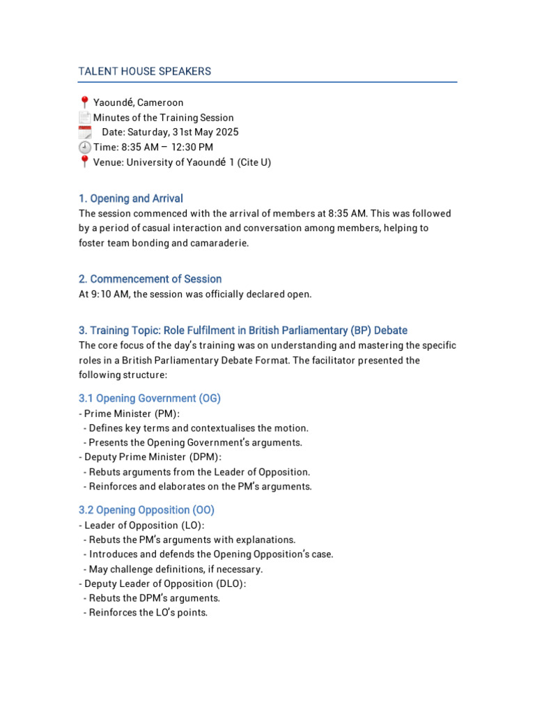 Minutes Document (Talent House Speakers Training Session) | PDF