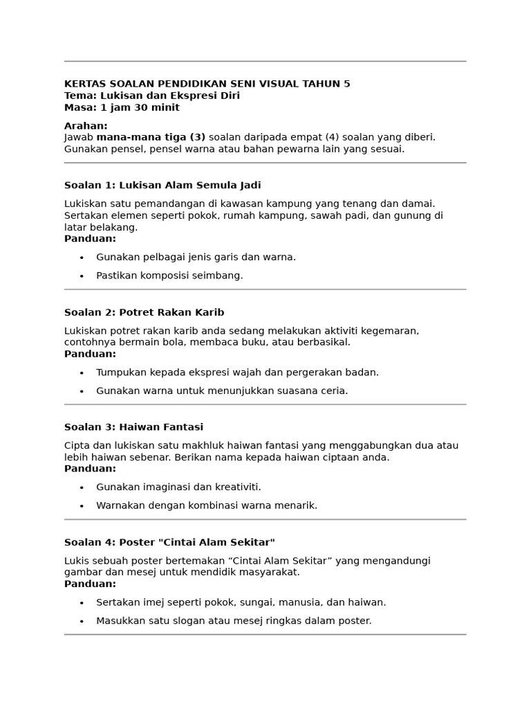 Kertas Soalan Pendidikan Seni Visual Tahun 5 | PDF