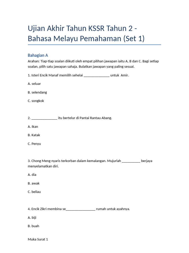 Ujian Akhir Tahun KSSR BM Set1 Styled | PDF