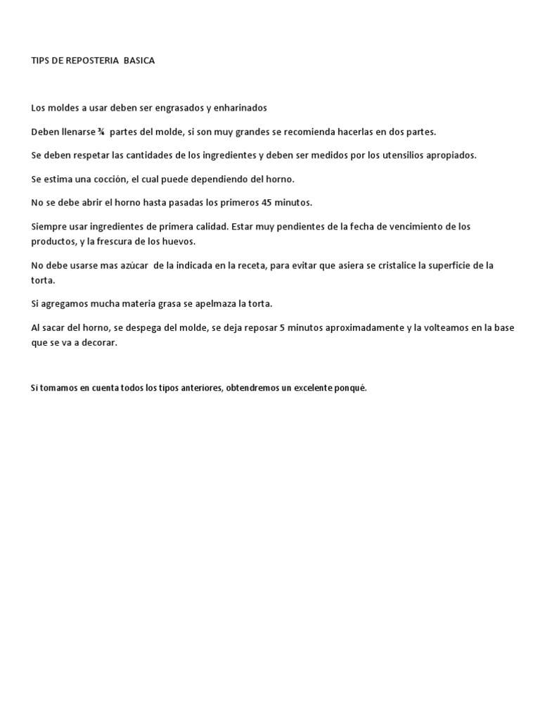 Tips de Reposteria Basica | Descargar gratis PDF | Alimentos | Comida y bebida