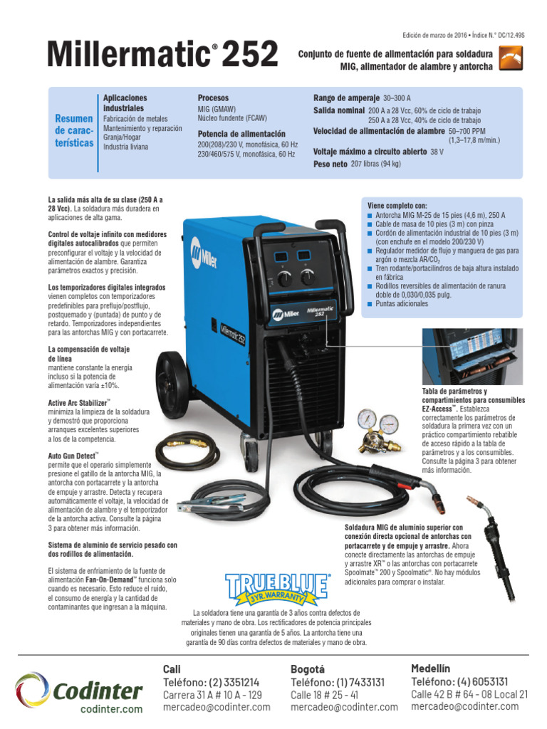 Ficha Tecnica Maquina Soldar Miller Millermatic 252 Co | PDF | Soldadura | Construcción