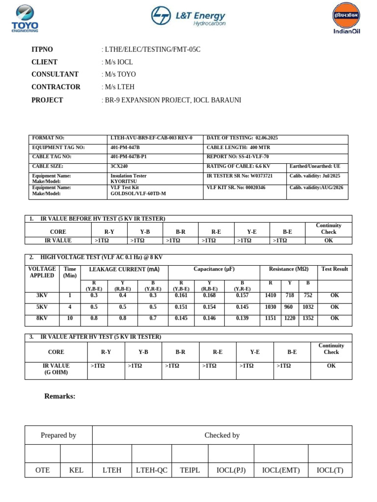 VLF Cable Testing Report for IOCL | PDF | Alternating Current ...