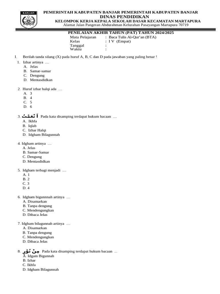 Soal Pat Bta Kelas IV 2025 | PDF