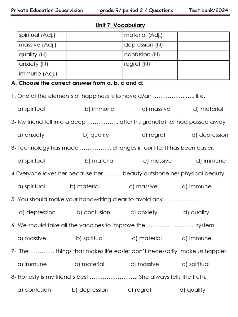 Unit 7 Vocabulary: Private Education Supervision Grade 9/ Period 2 ...