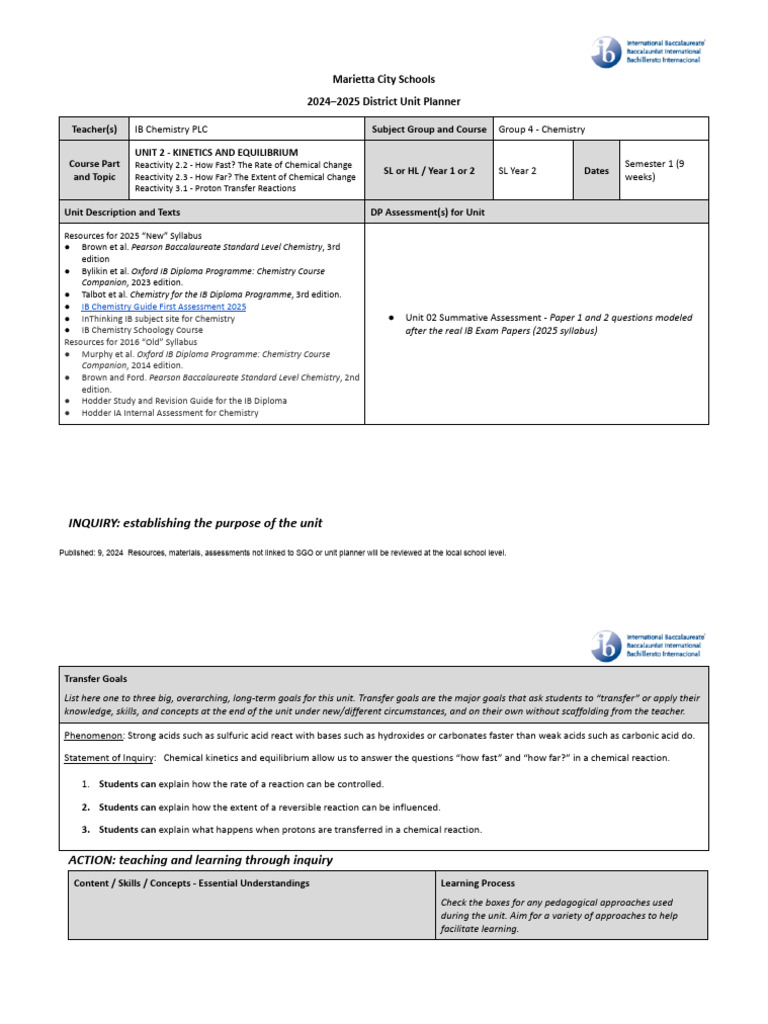 IB Chemistry Kinetics & Equilibrium Unit Plan | PDF | Chemical ...
