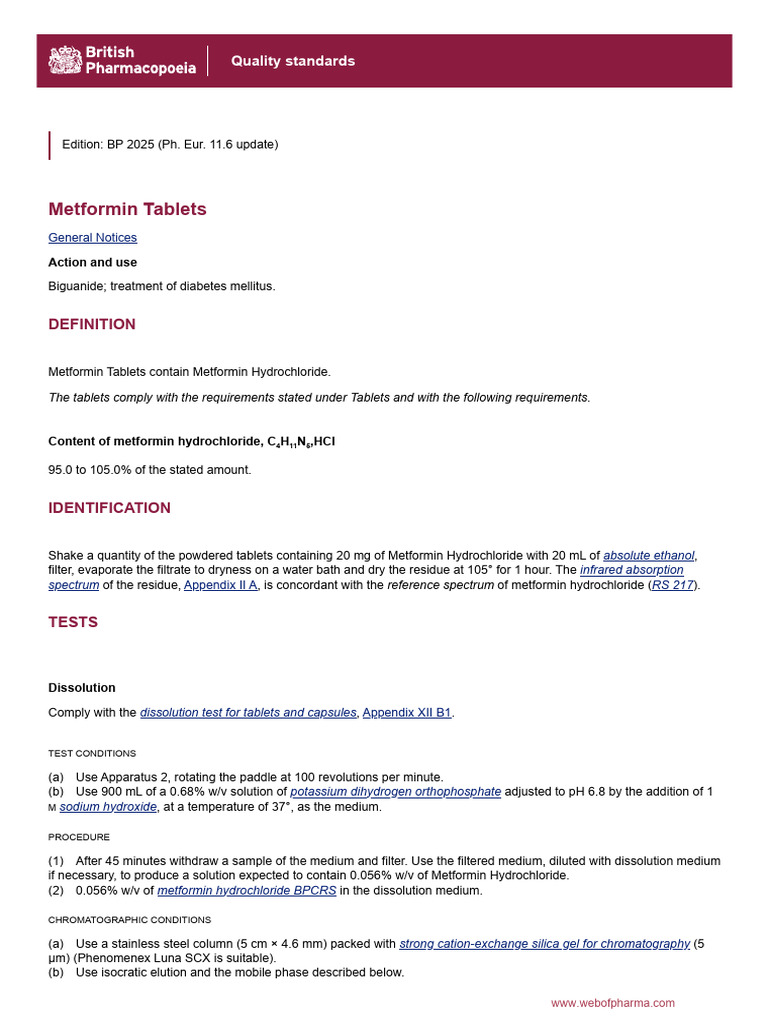 Metformin Tablets BP 2025 Monograph | PDF | Chromatography | High ...