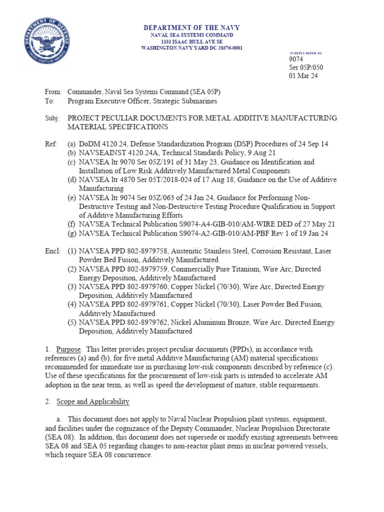 NAVSEA Letter 9074 - Ser 05P 050 PPDs For Metal AM | PDF | Stainless ...