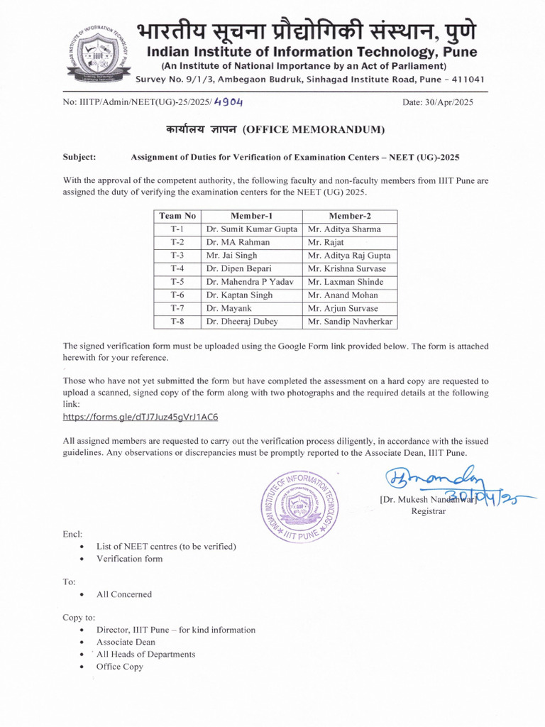 Assignment of Duties For Verification of Examination Center - NEET (UG ...