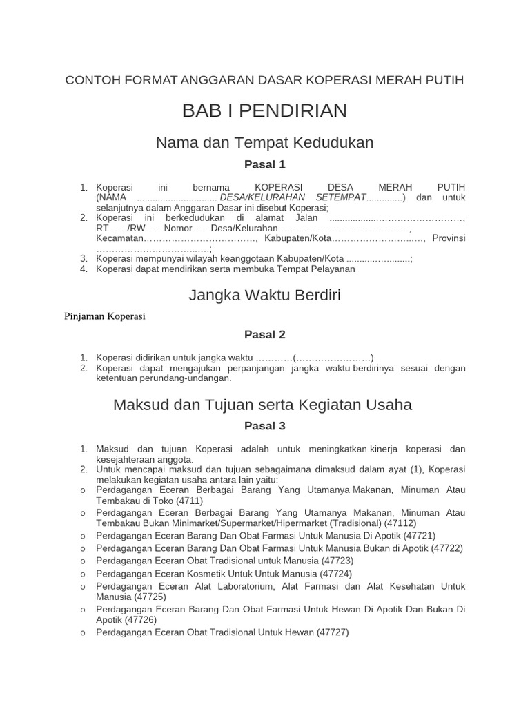 Contoh Format Anggaran Dasar Koperasi Merah Putih | PDF