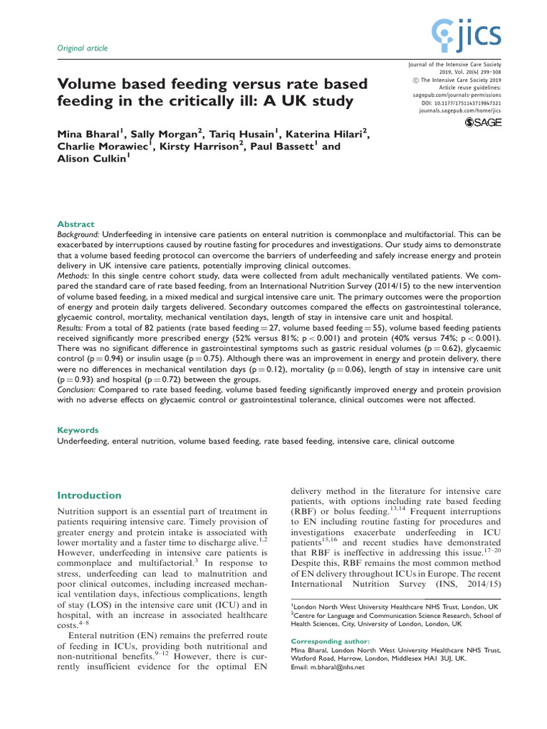 Volume based feeding versus rate based feeding in the critically ill ...