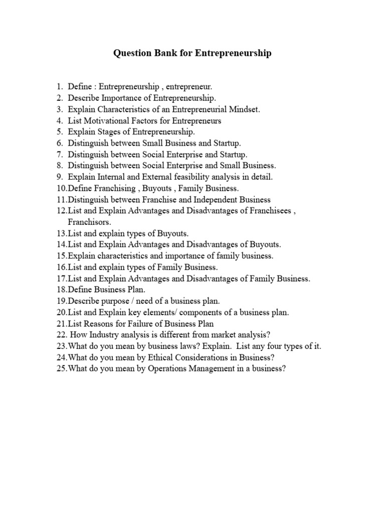 Entrepreneurship IA1 Question Bank | PDF