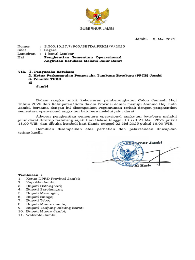 Penghentian Smentara Angkutan Batubara | PDF