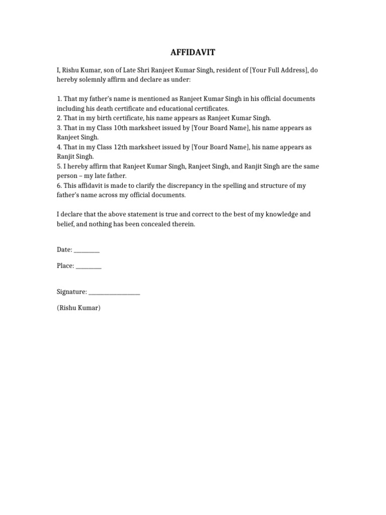 Father Name Clarification Affidavit | PDF