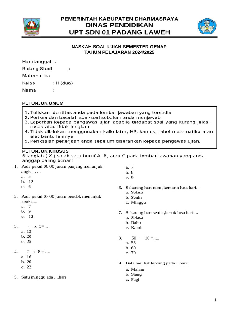 Soal Kelas 2 UAS MTK 2025 | PDF