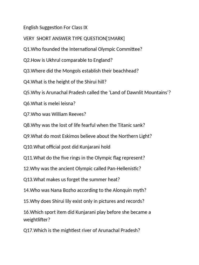 Class IX English Exam Suggestions | PDF