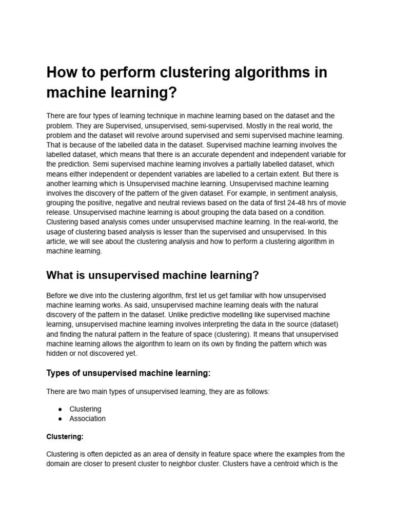 How To Perform Clustering Algorithms in Machine Learning | PDF | Machine Learning | Cluster Analysis