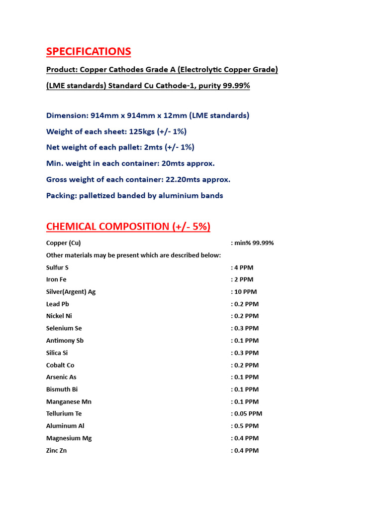 Copper Cathode Grade A Specifications | PDF