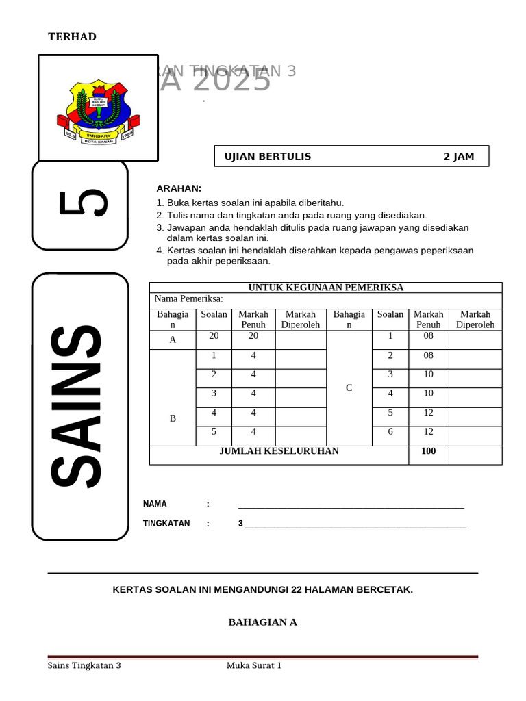Sains Upsa - Ujian Pertengahan Sesi Akademik TG 3 | PDF