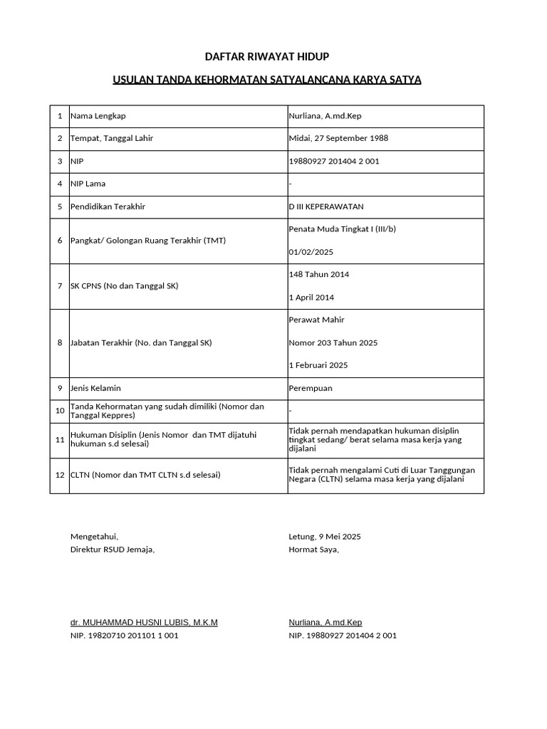 Riwayat Hidup Satya Lencana Eni | PDF