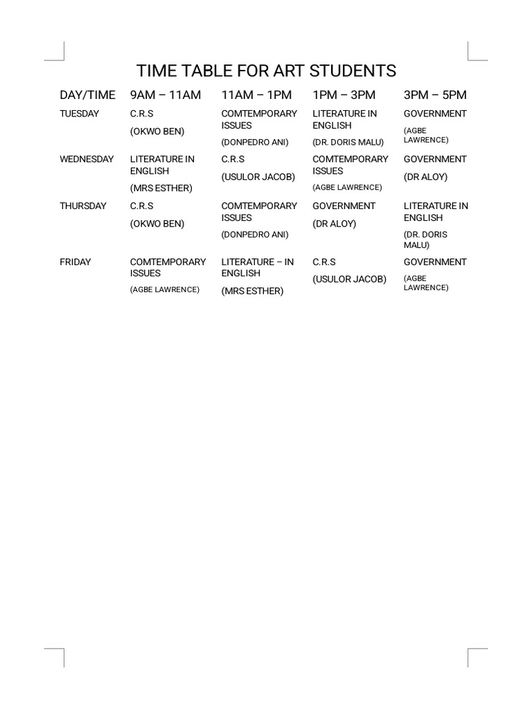 Time Table For Art Students | PDF