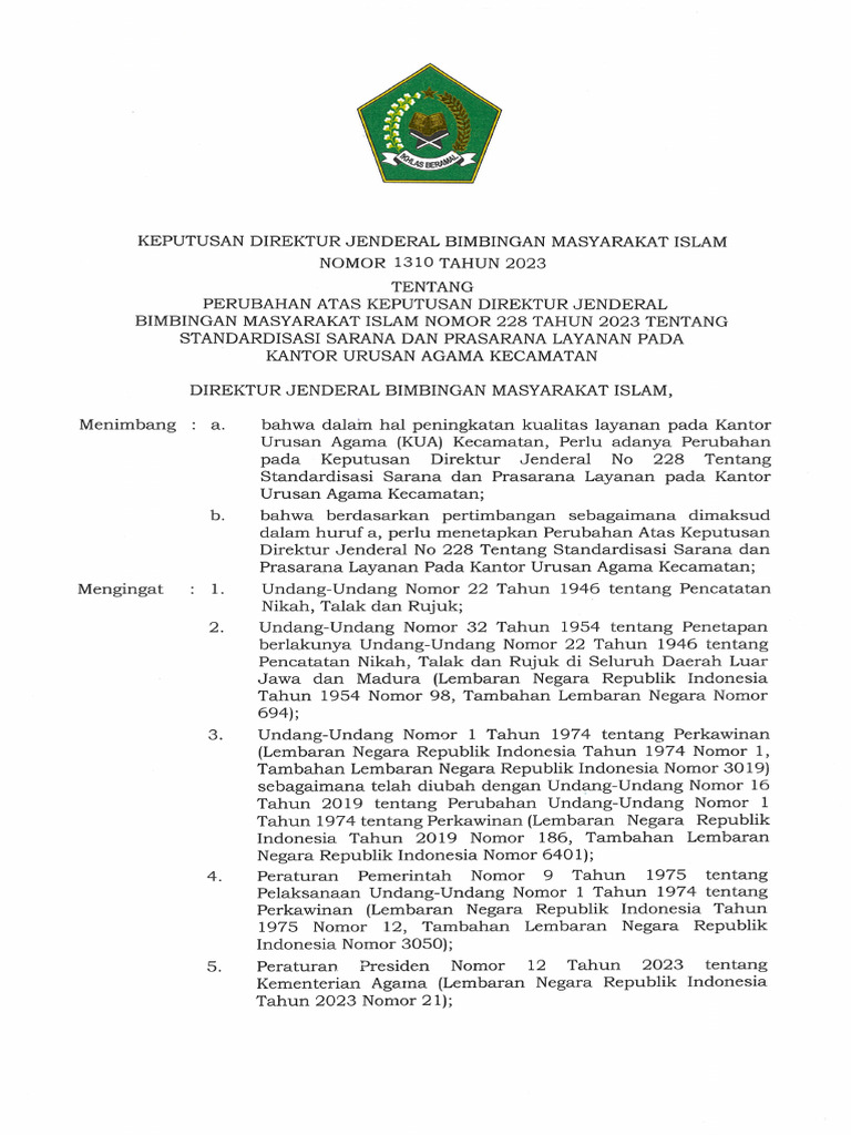 SK 1310 Perubahan Standardisasi Sarpras Layanan KUA | PDF