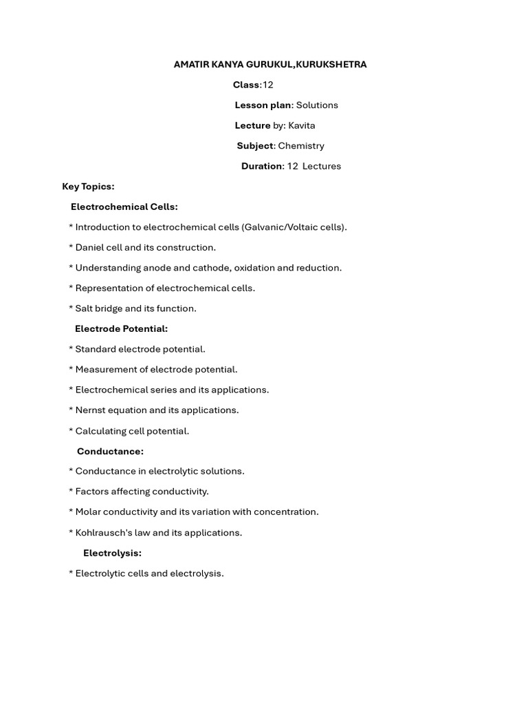 Kavita - Class12th - Lesson Plan (Solutions) | PDF | Electrochemistry | Electrode