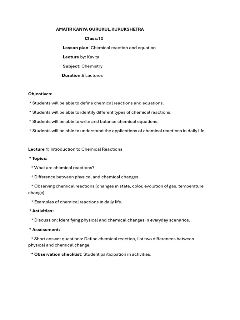 Kavita - 10th - Lesson Plan (Chemical Reaction and Equation) | PDF ...