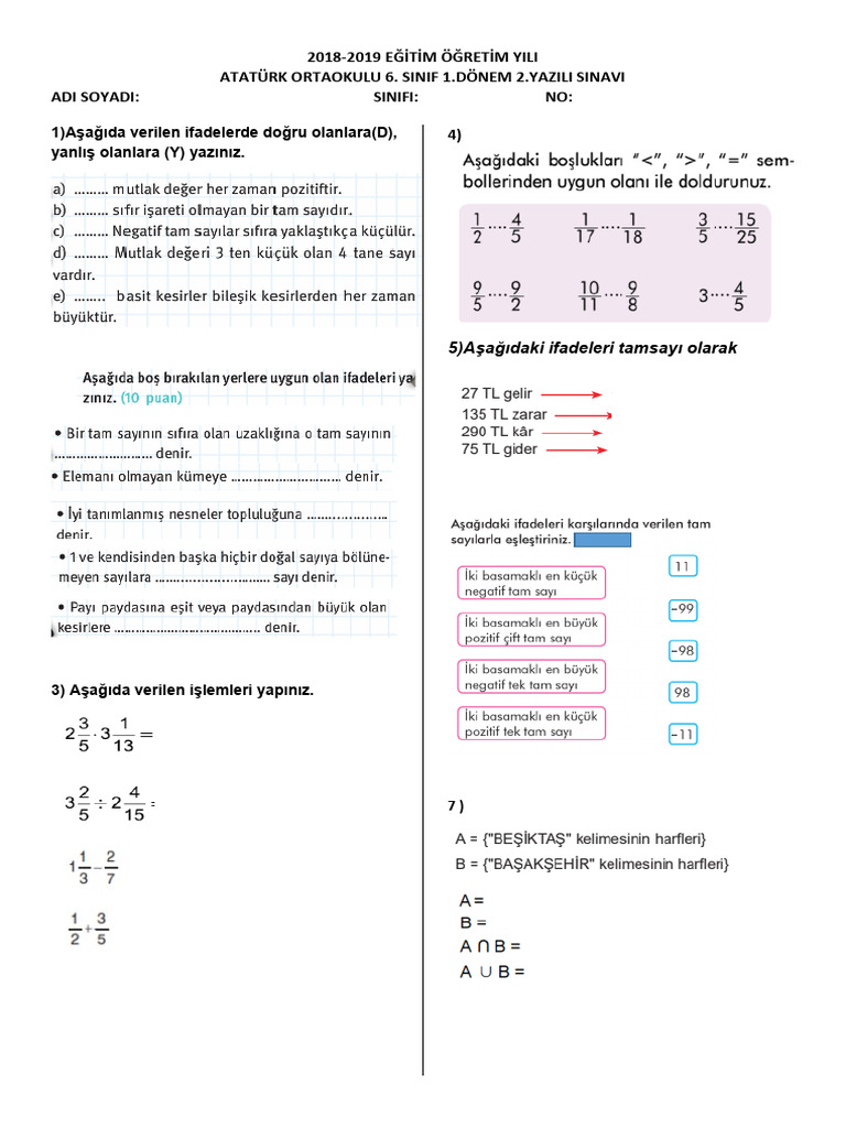 6 Sinif Matemaik 1 Donem 2 Yazili 6 | PDF