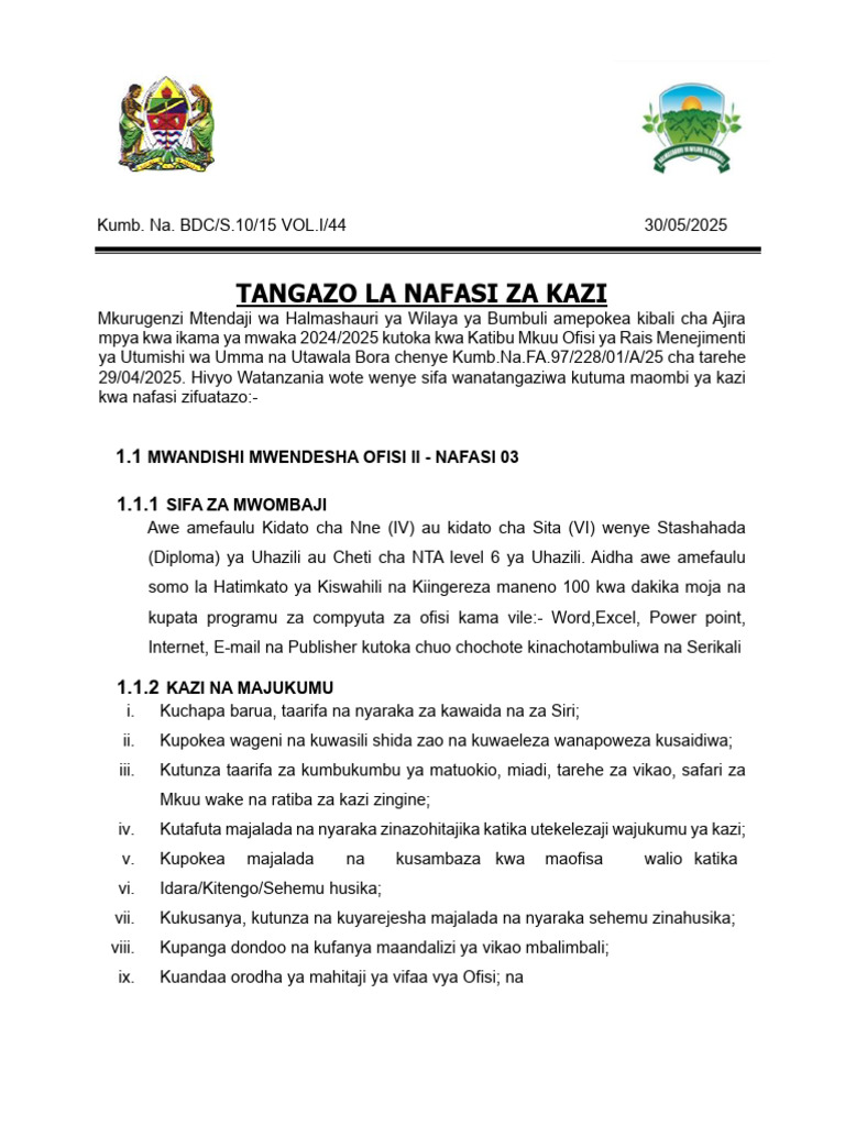Tangazo Ajira Bumbuli DC | PDF