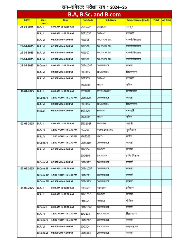Manual Time Table Exam Semester 2024-25 Modify | PDF | Vocational ...
