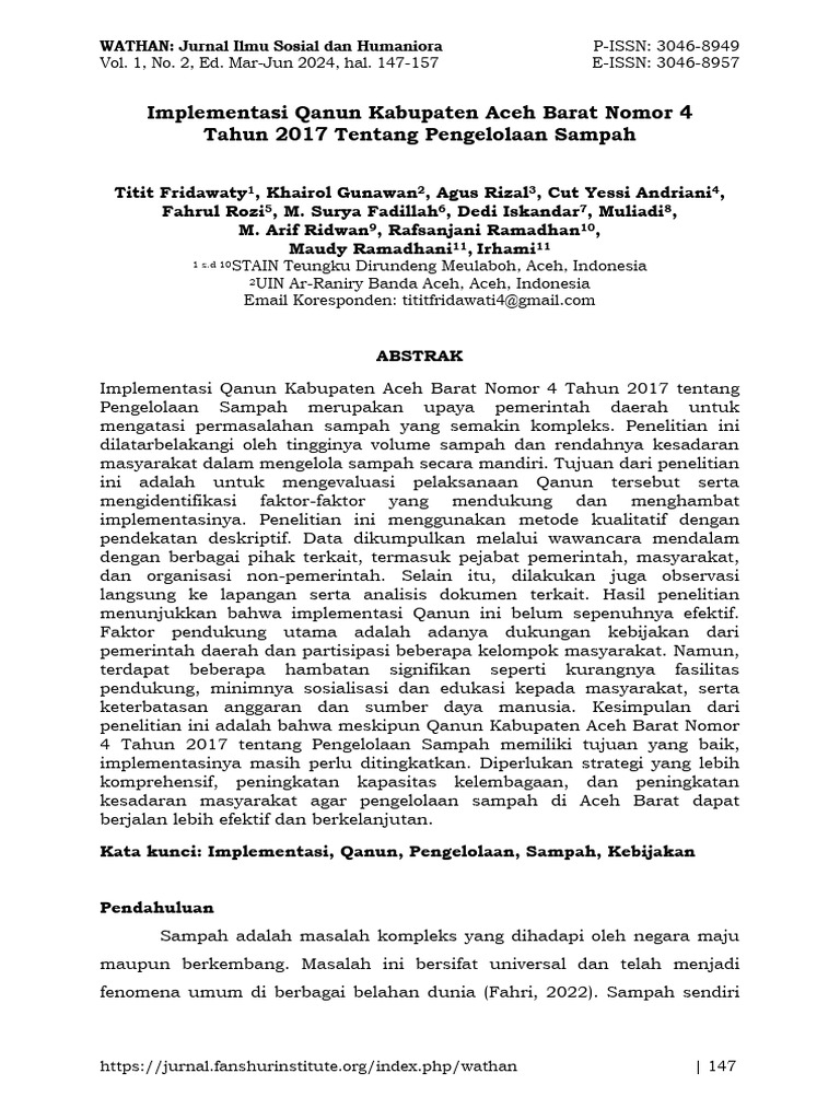 Implementasi Qanun Kabupaten Aceh Barat Nomor 4 Tahun 2017 Tentang Pengelolaan Sampah | PDF