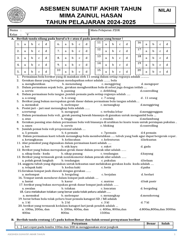 Format Soal ASAT 2024-2025 Kelas 5 Reguler | PDF