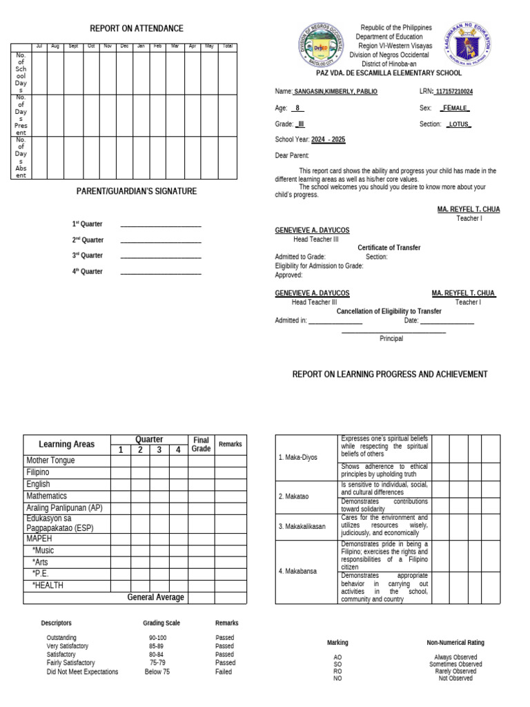 CARD Deped Form 138(Jap) K 12 | PDF | Learning