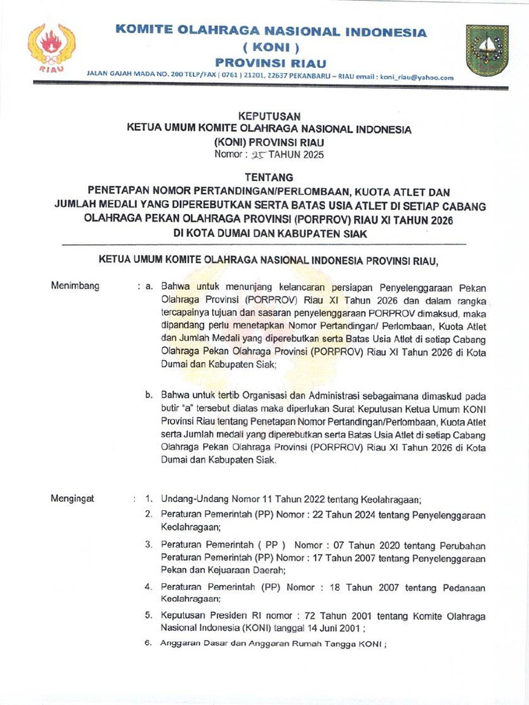 SK Nomor Pertandingan, Kuota Atlet & Batas Usia Atlet Porprov Xi-2026 | PDF