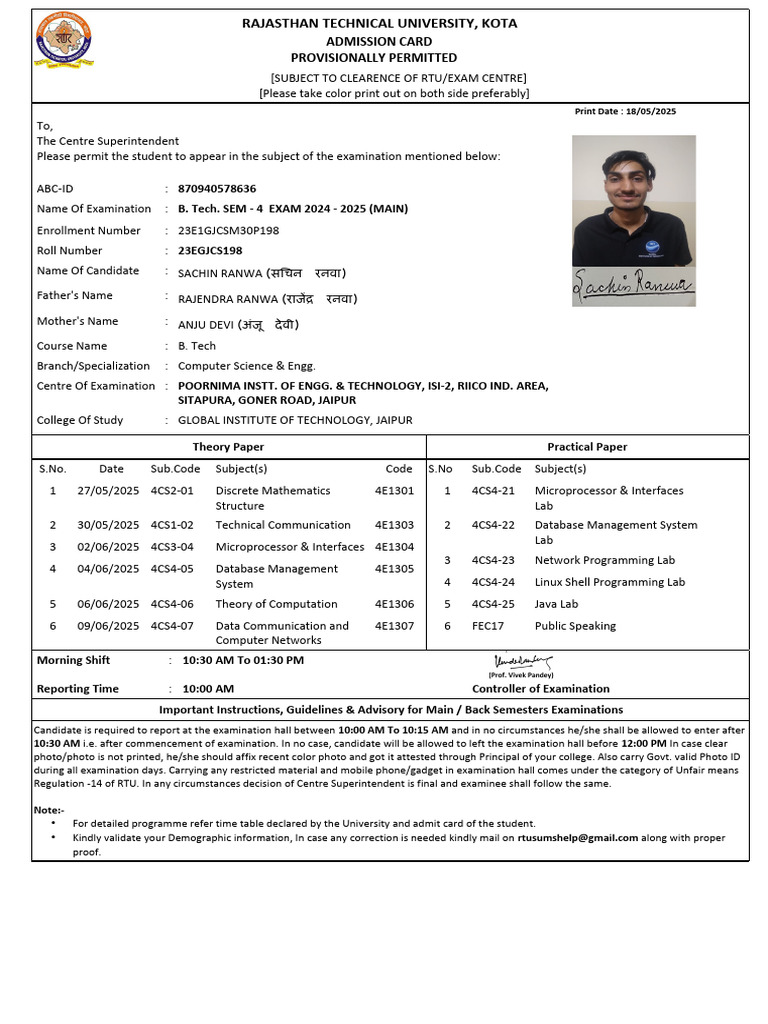 Admit Card 20250518191257076 | PDF | Computing | Computer Science