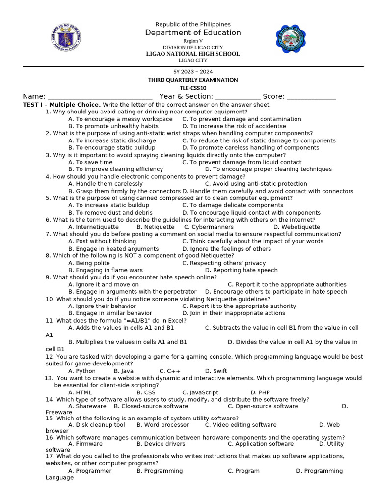 3rd Quarterly Exam2022 2024 TLE10 CSS | PDF | Computer Programming | Microsoft Excel