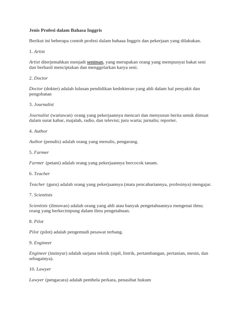 Jenis Profesi dalam Bahasa Inggris | PDF