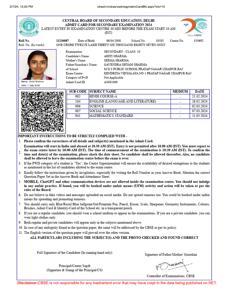 CBSE Class 10 Admit Card 2024 | PDF | Pencil | Identity Document