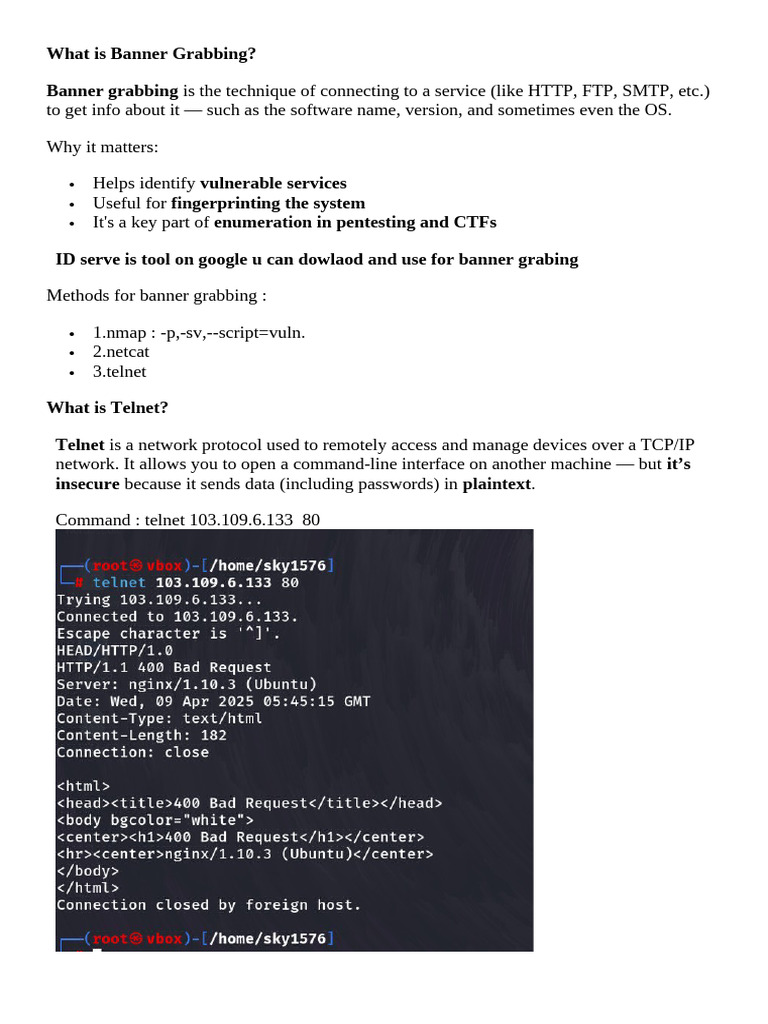Banner Grabbing-Telnet, Nmap | PDF