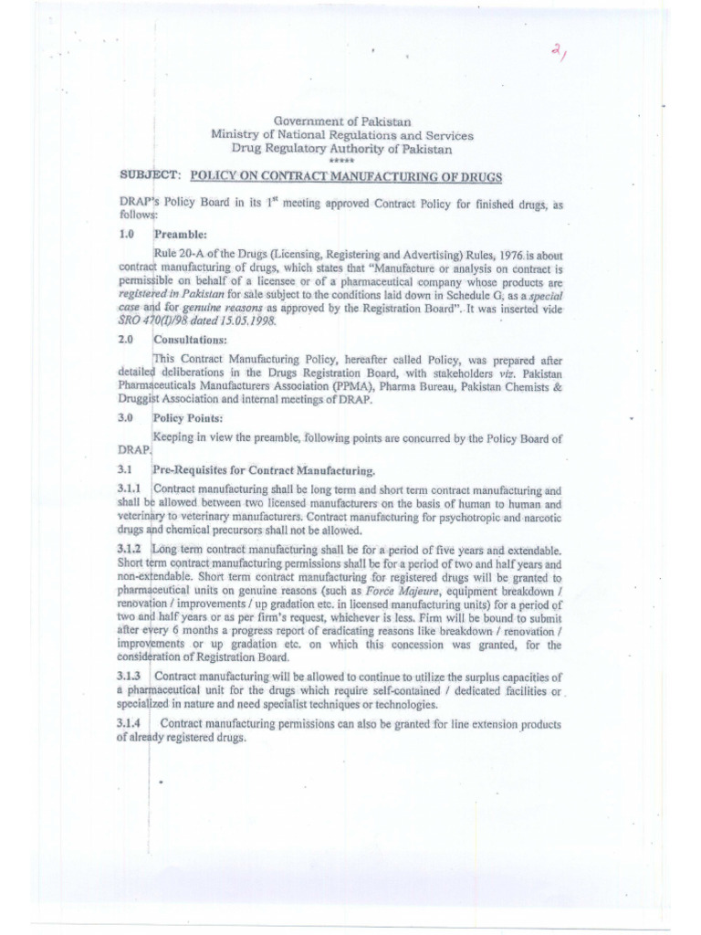 DRAP Policy On Contract Manufacturing of Drugs | PDF